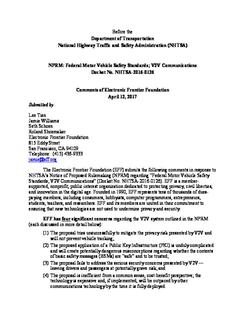 EFF Comments to NHTSA re V2V Notice of Proposed Rulemaking | Electronic ...