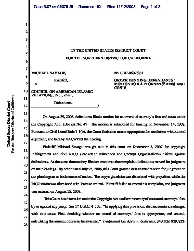 Order Denying Defendants' Motion for Attorneys' Fees and Costs ...