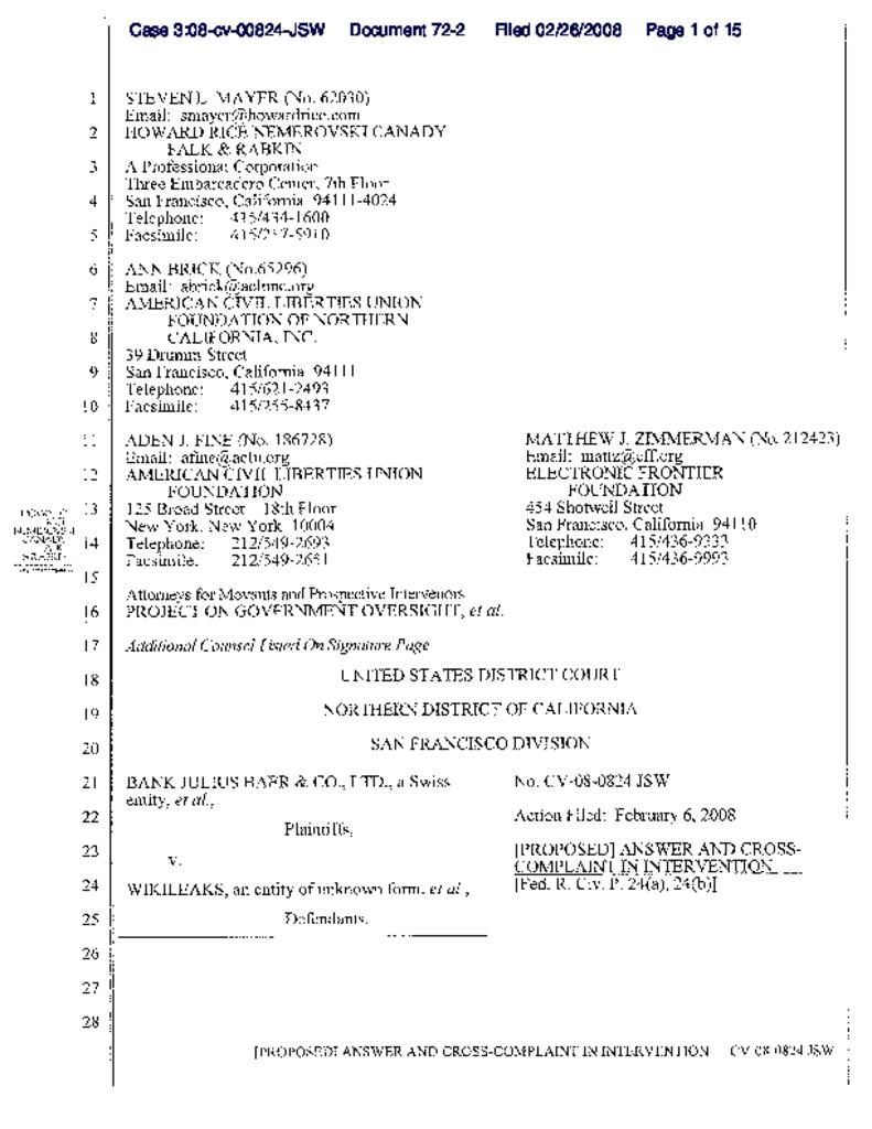 Proposed Answer and Cross-Complaint in Intervention of EFF, ACLU, and ...