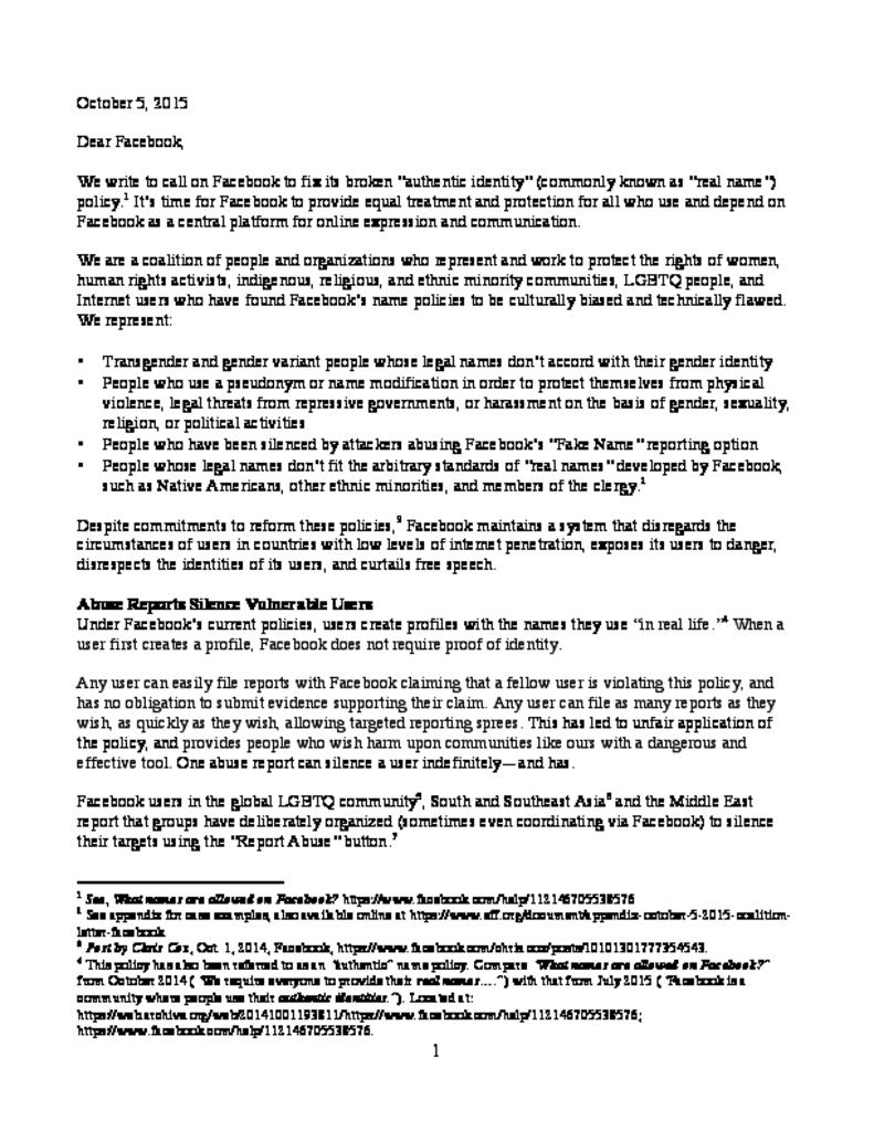 Open Letter to Facebook About its Real Names Policy | Electronic ...