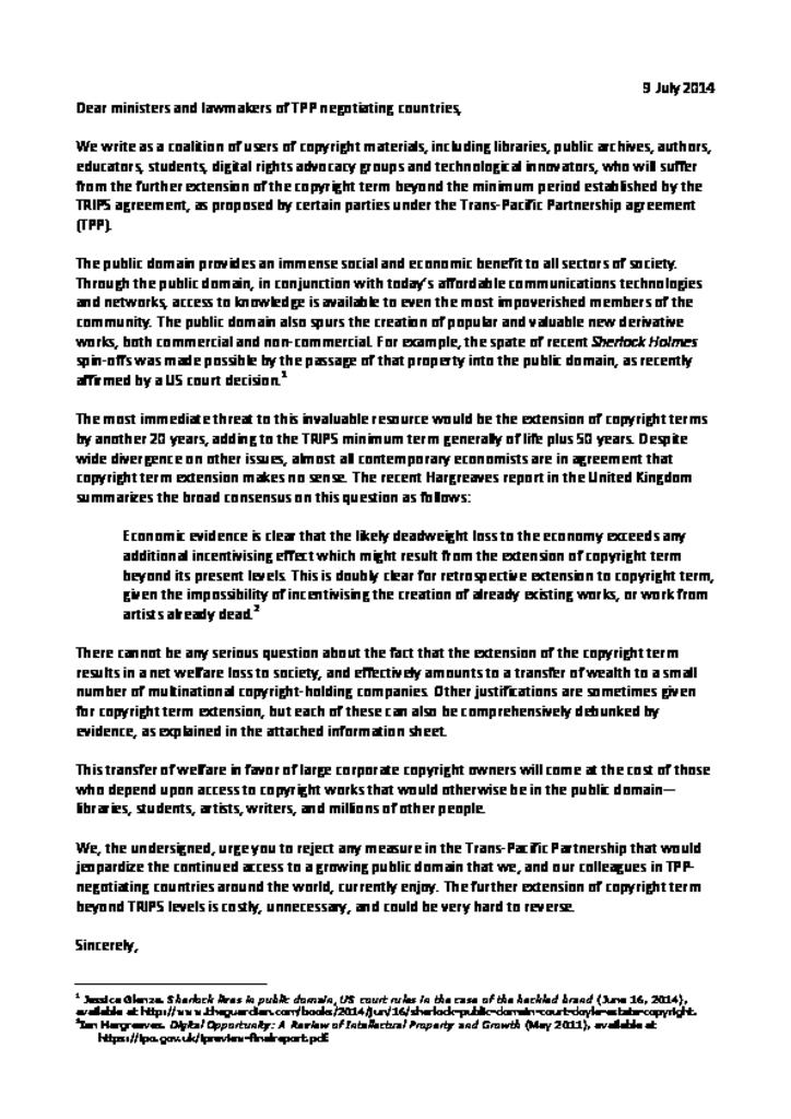 Letter on TPP Copyright Term Extension Proposals | Electronic Frontier ...