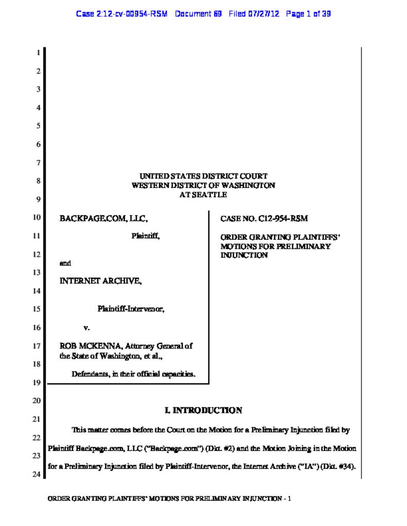 Order Granting Preliminary Injunction Barring Enforcement of SB 6251 ...