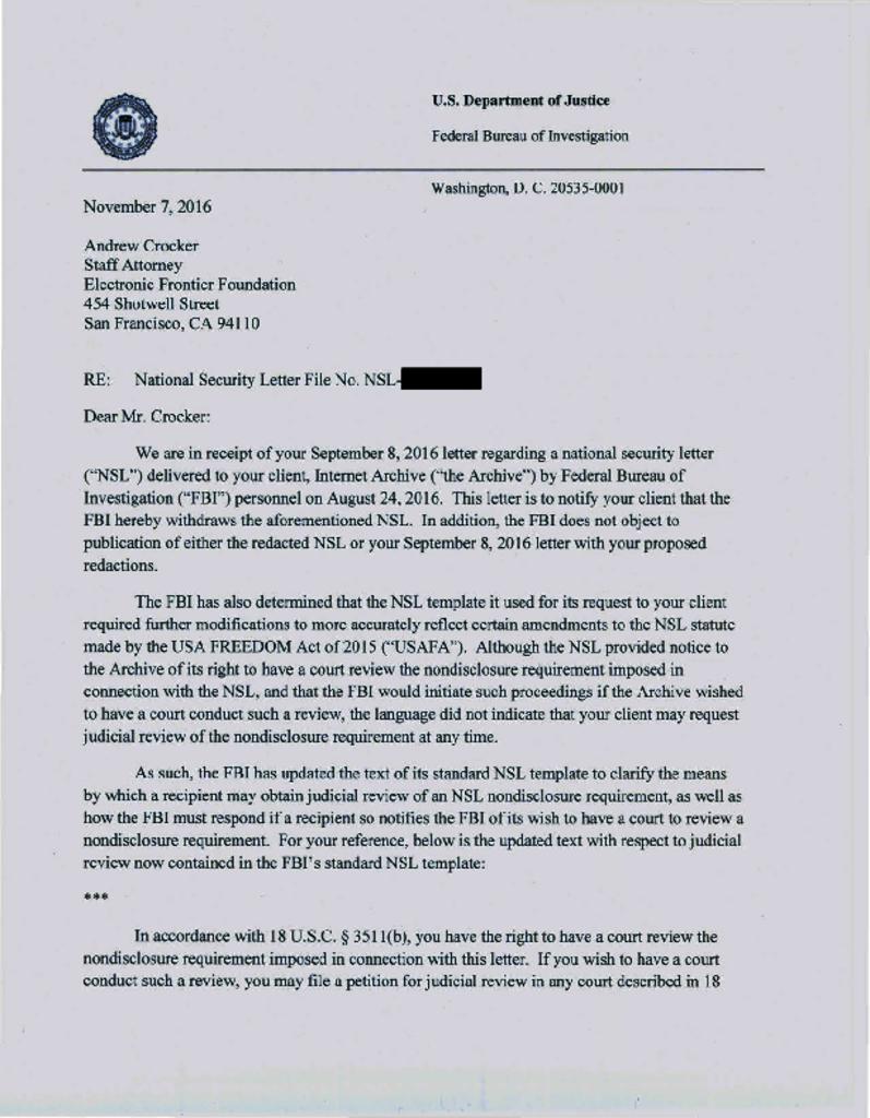 Government withdrawal of NSL | Electronic Frontier Foundation