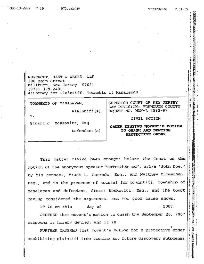 Plaintiff's Proposed Order re: Opposition to Motion to Quash ...